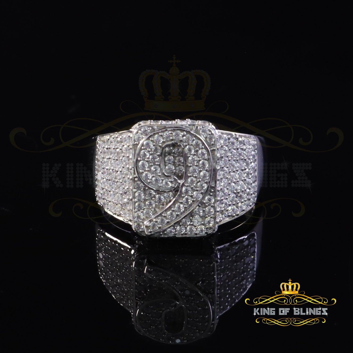 1.75ct Sterling White Silver Cubic Zirconia NUMBER 9 Silver Men's Ring ...
